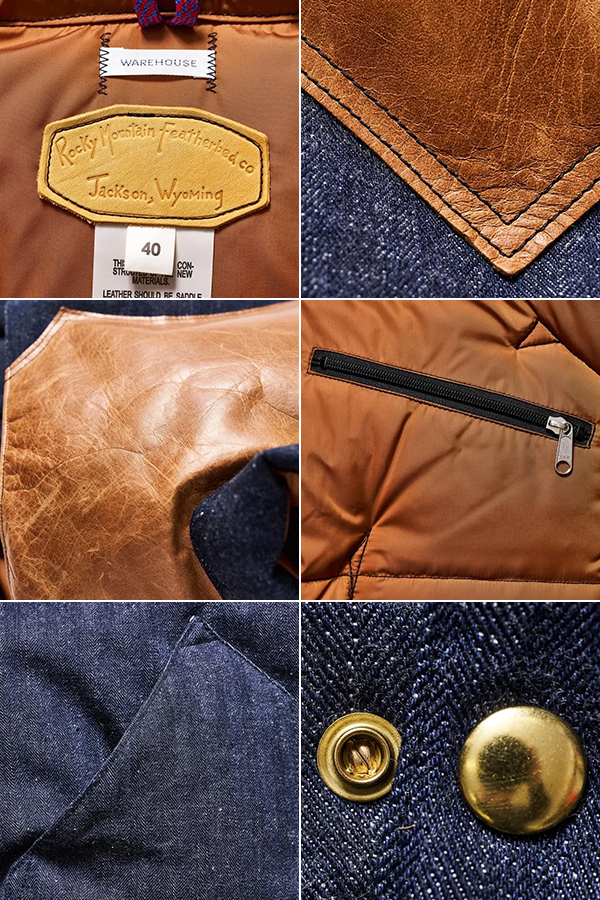 WAREHOUSE×Rocky Mountain レザーヨーク|ロープ染色|セルヴィッチヘリンボーン|ダウンベスト|700FP『INDIGO ...